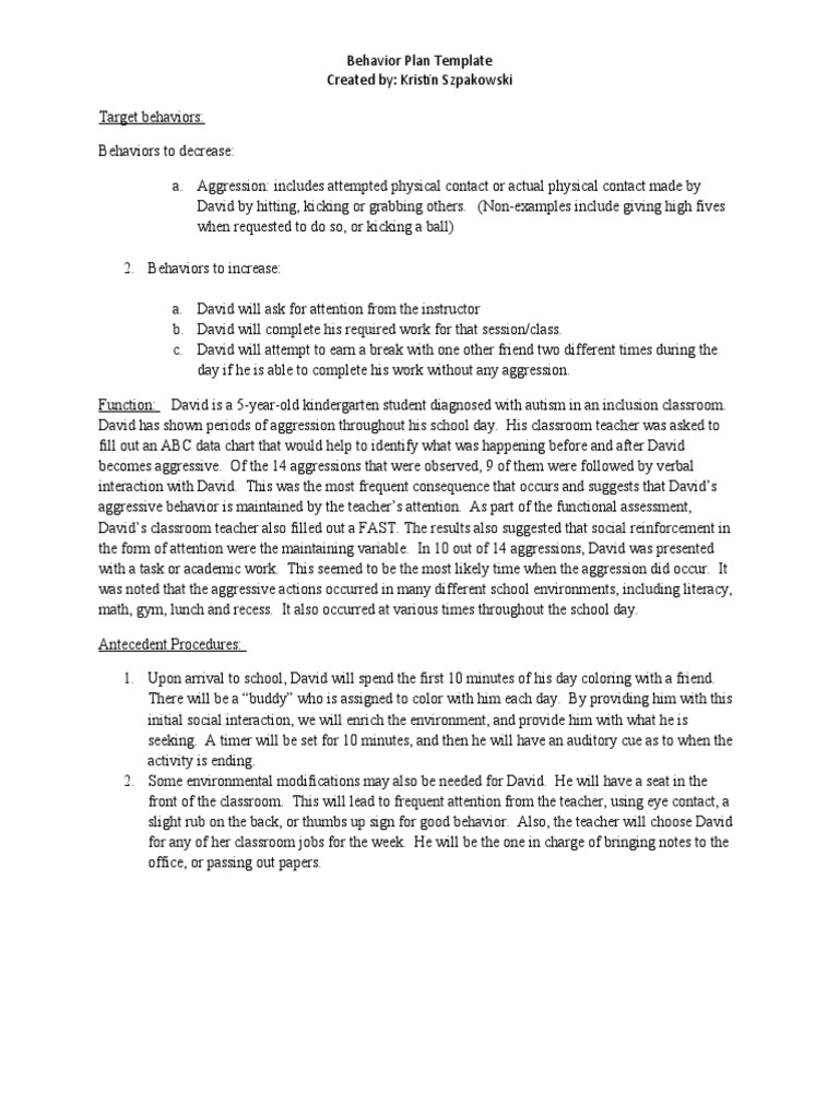 Behavior Intervention Plan for David | PDF | Aggression | Classroom