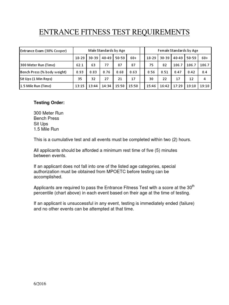 Entrance Fitness Test Requirements: Testing Order | PDF