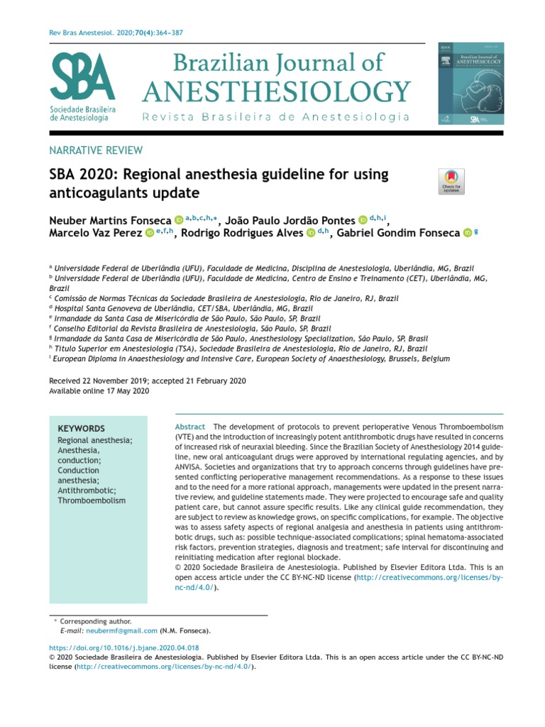 SBA 2020: Regional Anesthesia Guideline For Using Anticoagulants Update ...