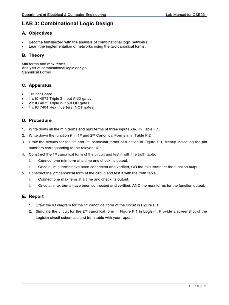 Lab 3 Combinational Logic Design (Canonical Form) | PDF | Logic Gate | Logic