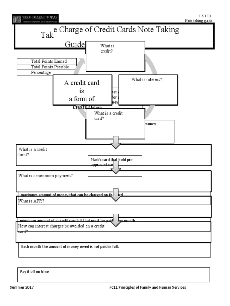 Tak e Charge of Credit Cards Note Taking Guide: A Credit Card Is A Form ...