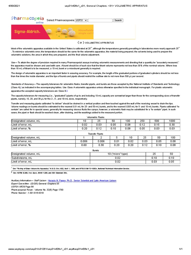 Usp31nf26s1 - c31, General Chapters - 31 - VOLUMETRIC APPARATUS ...