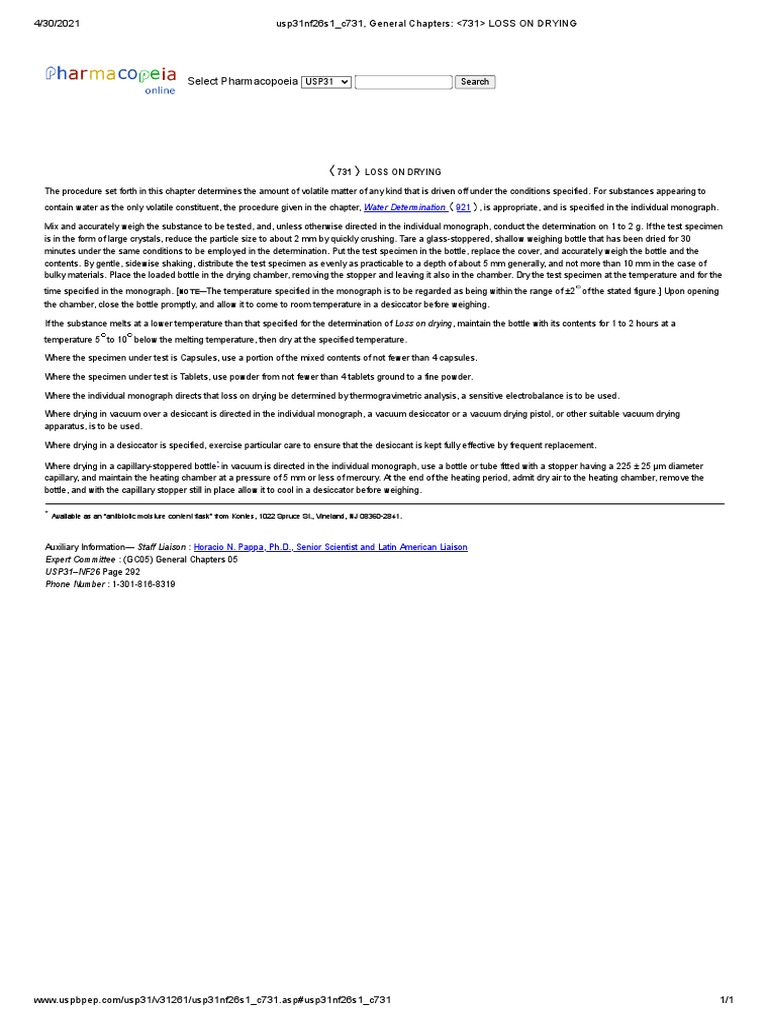 Usp31nf26s1 - c731, General Chapters - 731 - LOSS ON DRYING | PDF ...