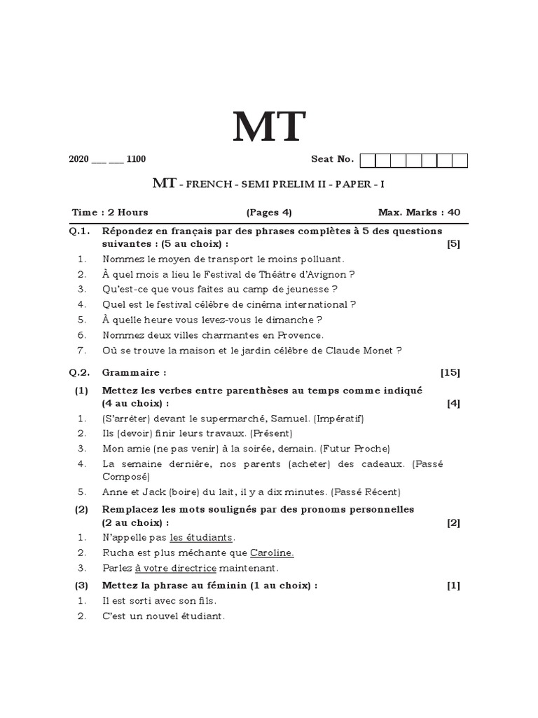 French Question Paper (SP2) A | PDF | Morphologie linguistique ...