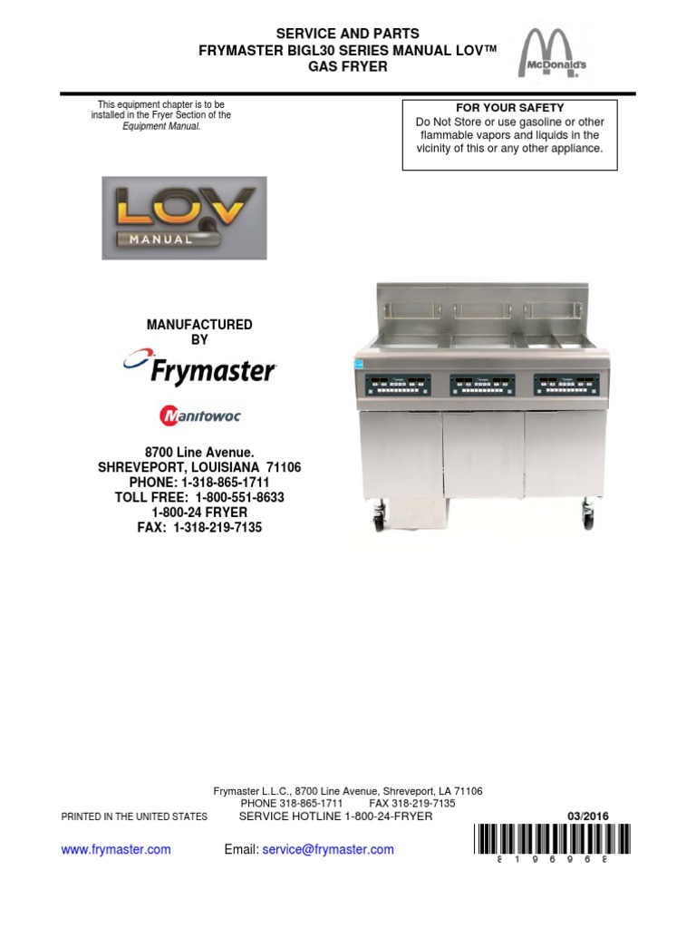 Service and Parts Frymaster Bigl30 Series Manual Lov™ Gas Fryer ...