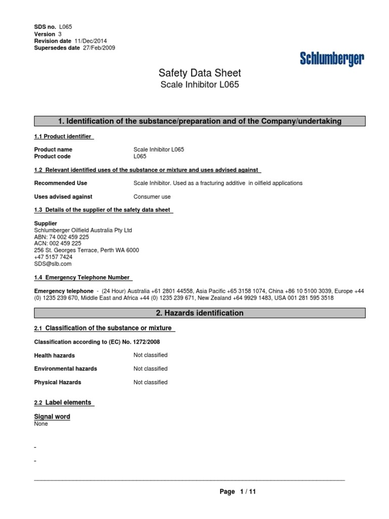 Safety Data Sheet: Scale Inhibitor L065 | PDF | Personal Protective ...