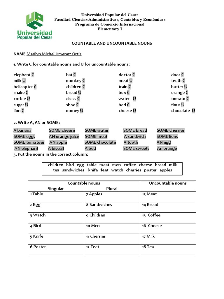 Worksheet 2. Countables and Uncountables, Some and Any - Marilyn | PDF ...