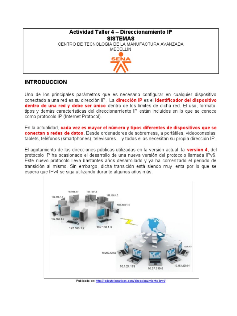Actividad Taller 4 - Direccionamiento IP v1.0 | PDF | Dirección IP | Yo Pv6