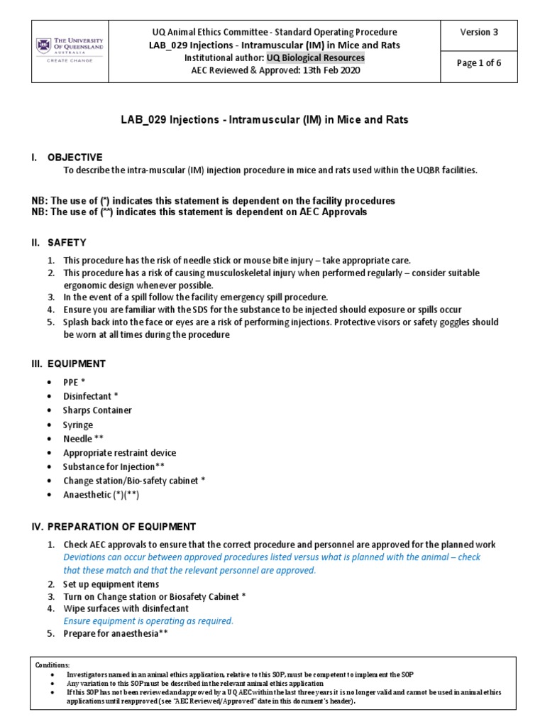 LAB - 029 Injections - Intramuscular (IM) in Mice and Rats | PDF ...