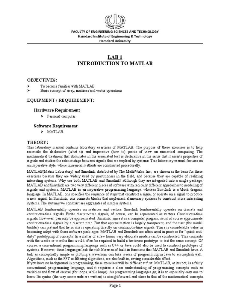 Lab 1 Introduction To Matlab:: Objectives | PDF | Matrix (Mathematics) | Matlab