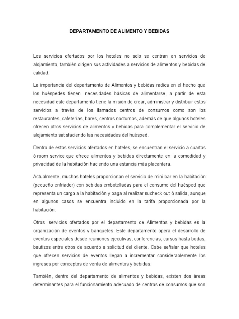 Departamento de Alimento y Bebidas | PDF | Hotel | Artes culinarias