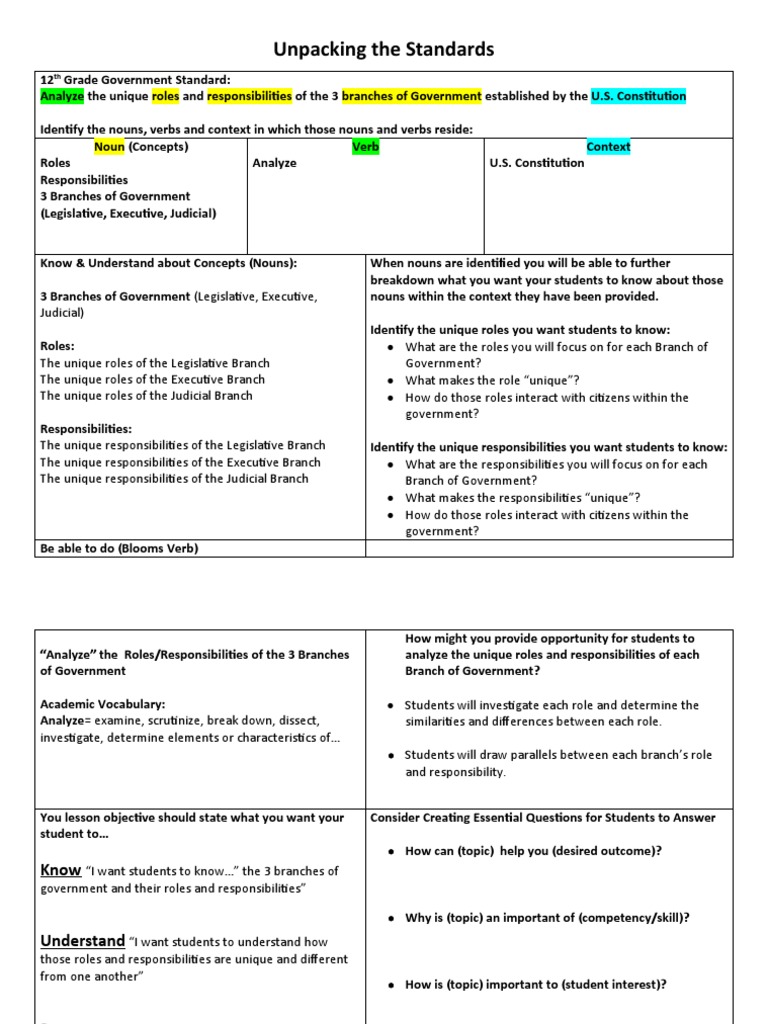 Unpacking The Standard-Worksheet | PDF | Separation Of Powers | Noun