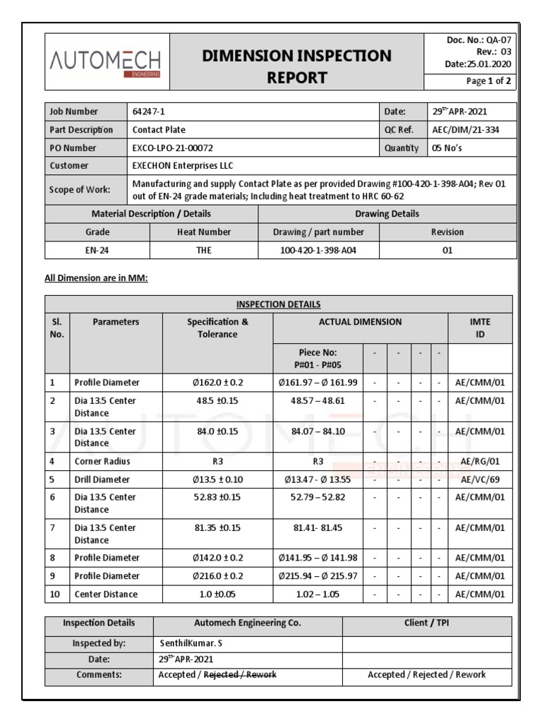 QC 64247-1 Contact Plate Inspection Report | PDF | Metalworking ...
