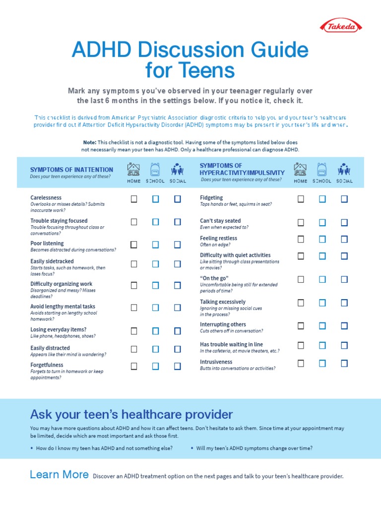 ADHD Discussion Guide For Teens: Ask Your Teen's Healthcare Provider ...