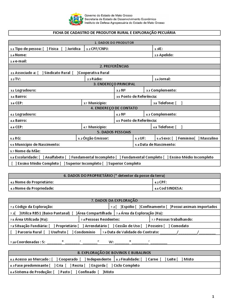 Ficha de Cadastro de Produtor Rural e Exploração Pecuária | Download ...