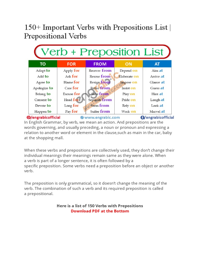 Important Verbs and Prepositions | 150+ List | PDF | Preposition And Postposition | Verb