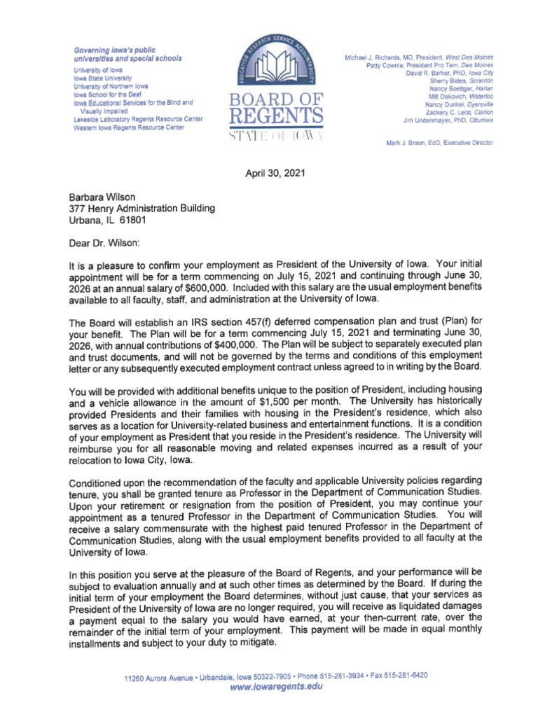 Board of Regents Letter On New University of Iowa President Barbara ...