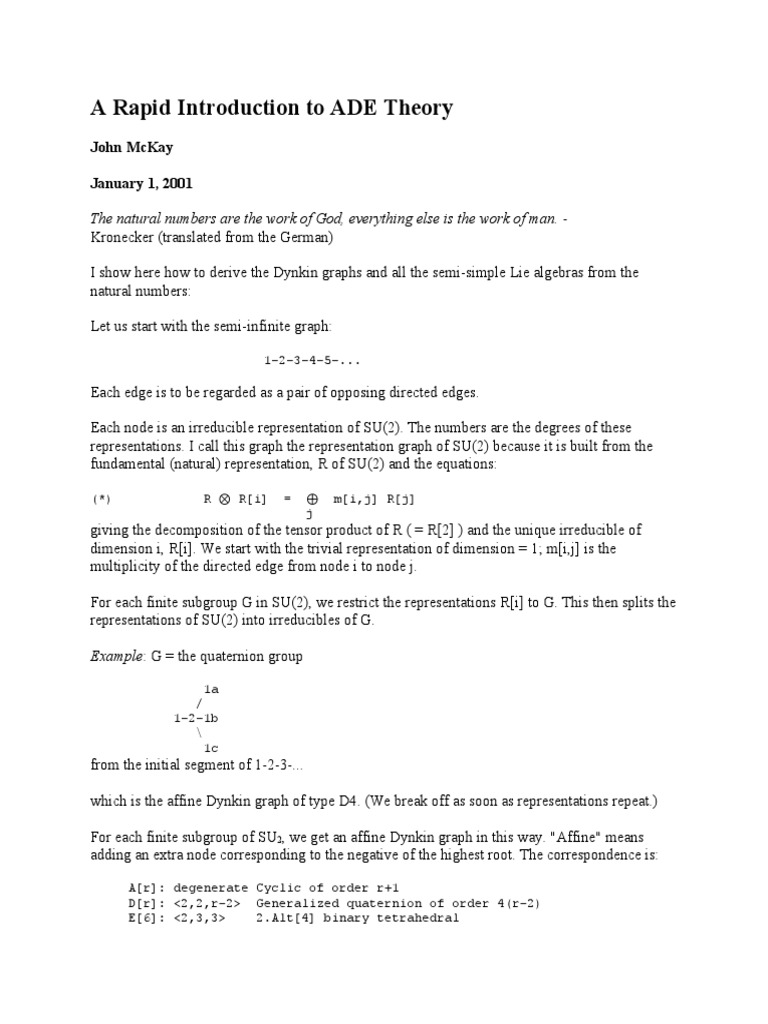 A Rapid Introduction To ADE Theory - J. McKay | PDF | Representation ...