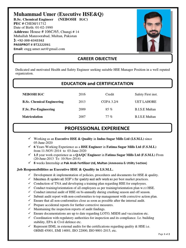 Muhammad Umer (Executive HSE&Q) : Career Objective | PDF | Occupational Safety And Health | Iso 9000