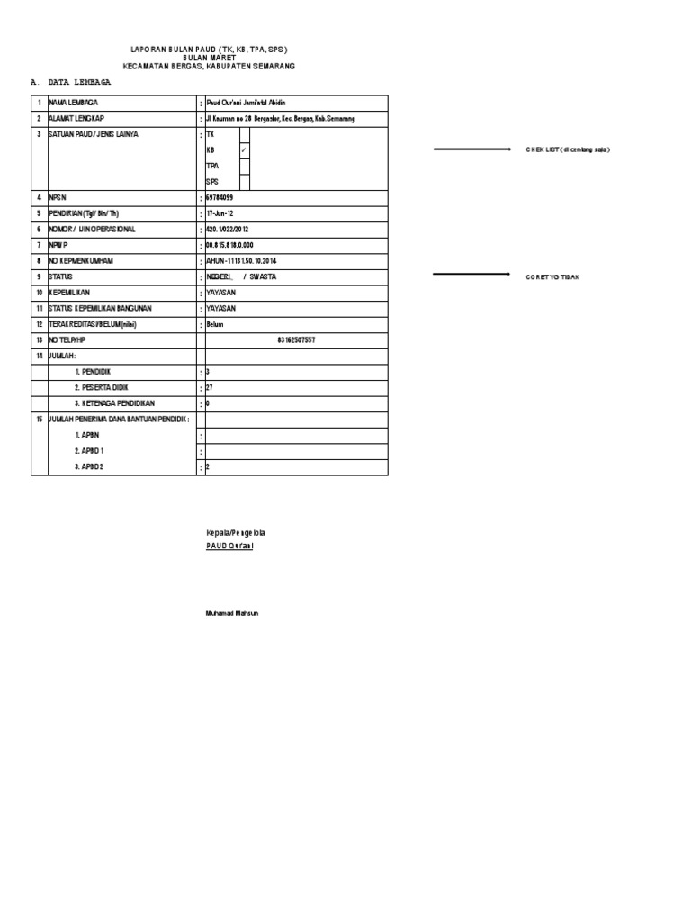 Format Laporan Bulan TK Dan Paud-Qurani Maret | PDF