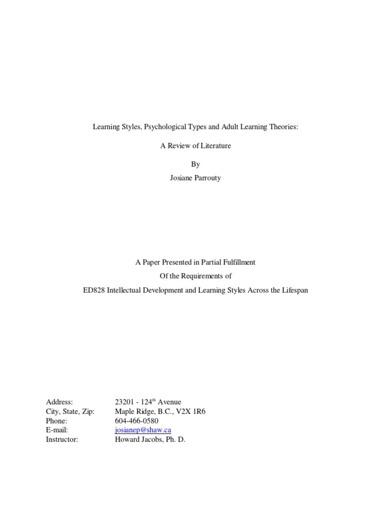 Learning Styles, Psychological Types and Adult Learning Theories | PDF ...