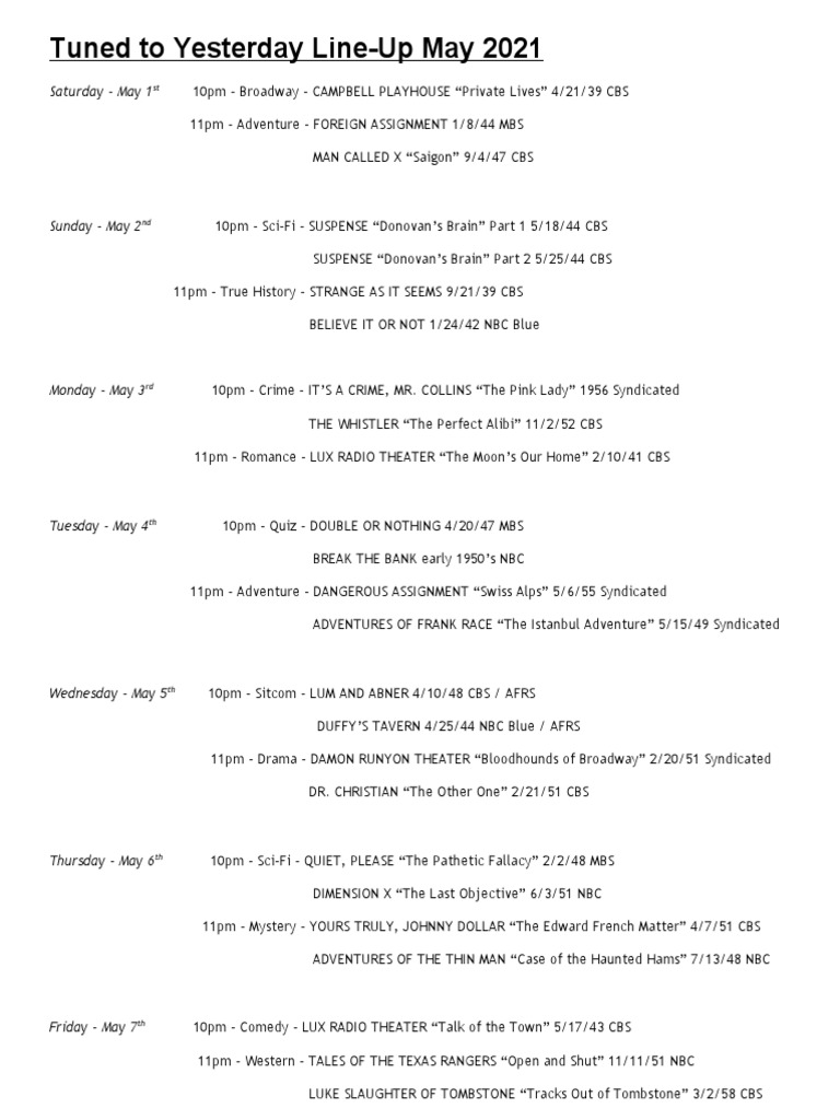 Tuned To Yesterday Schedule May 2021 | PDF | Cbs | Nbc