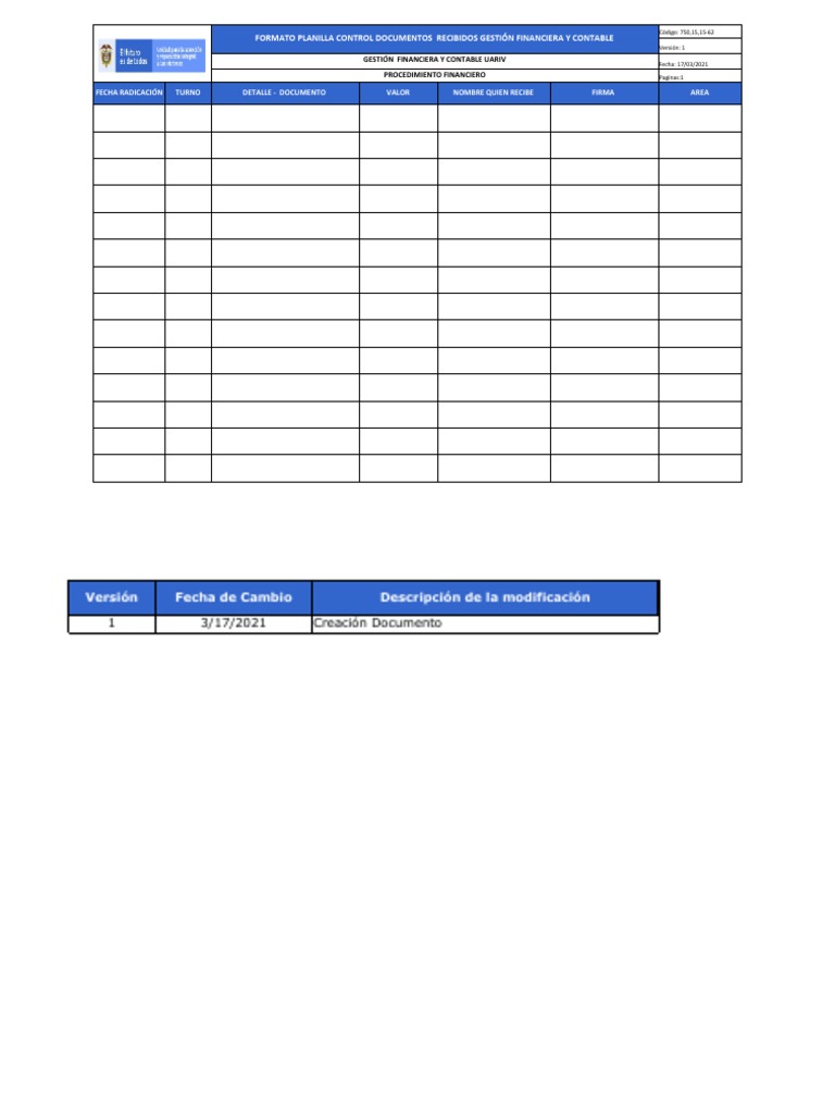 Formato Planilla Control Documentos Recibidos Gestión Financiera Y Contable | PDF