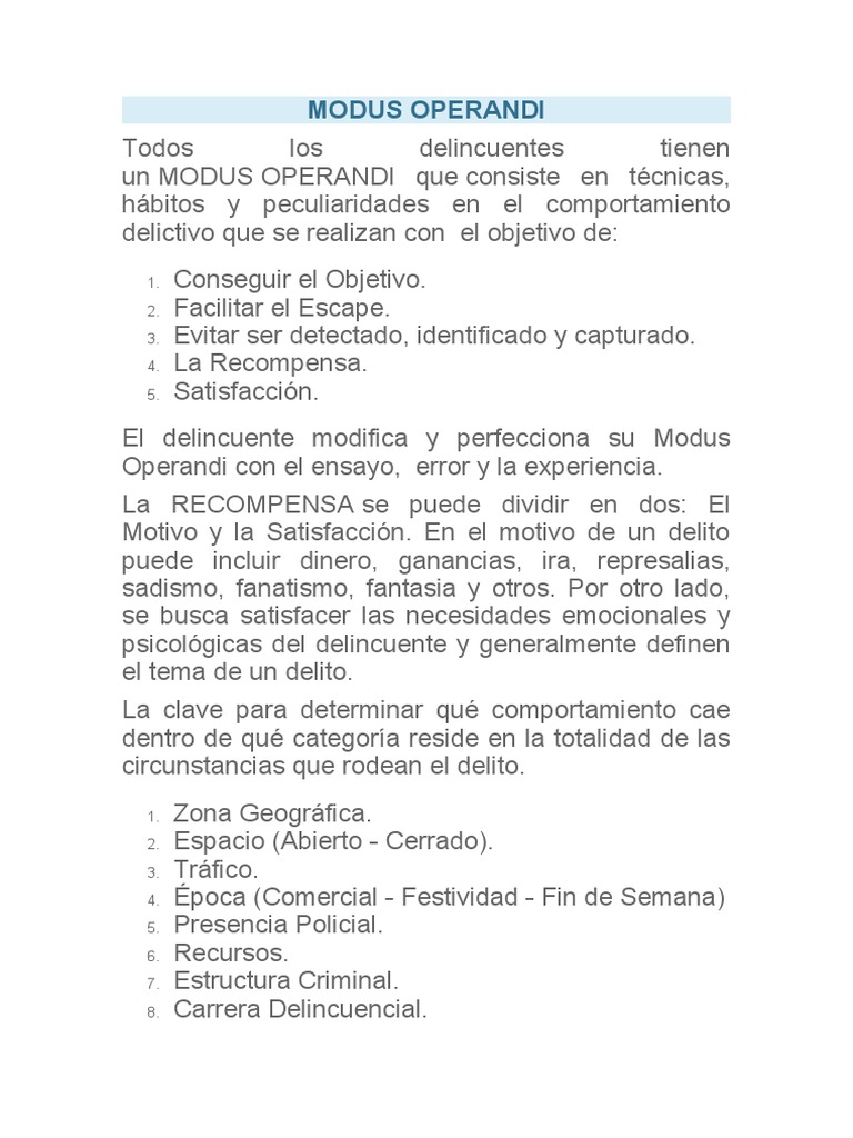 Modus Operandi en Delincuencia | PDF | Ciencias sociales | Derecho
