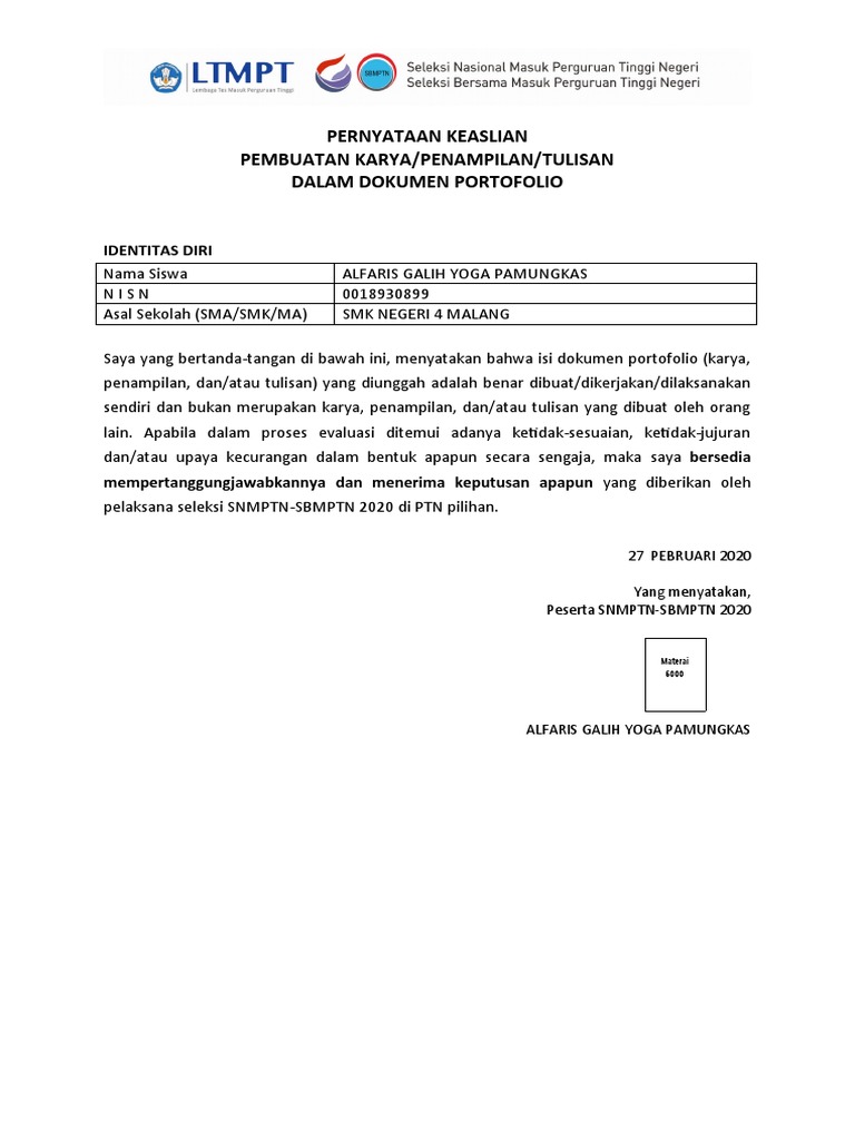 Template Pernyataan Peserta 2020 | PDF