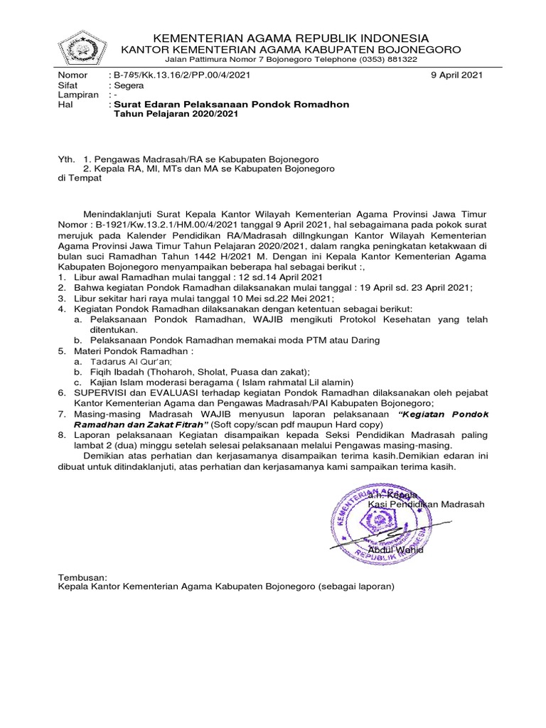 Edaran Pondok Ramadhan Bojonegoro 2021 | PDF