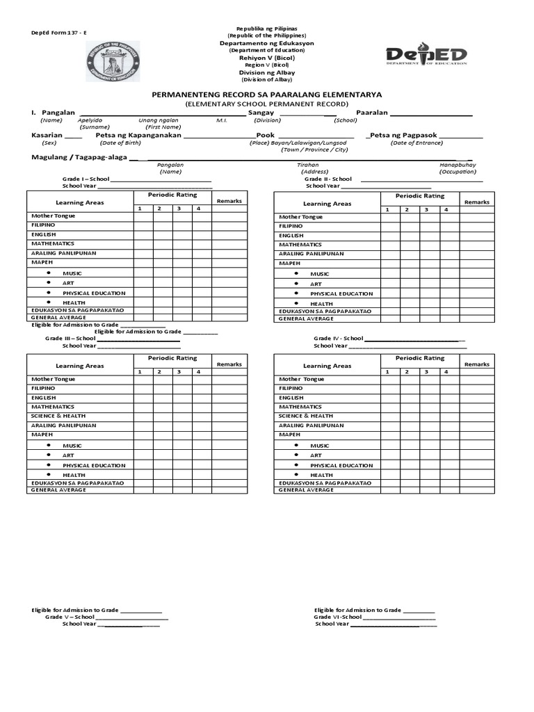 Permanenteng Record Sa Paaralang Elementarya: (Elementary School Permanent Record) | PDF ...