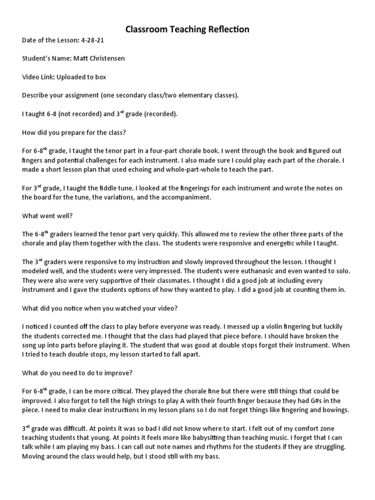 Classroom Teaching Reflection | PDF | Violin | Double Bass
