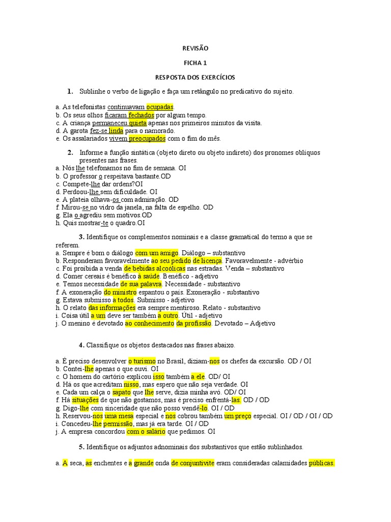 Complementos e Adjuntos Gabarito Dos Exercicios | PDF | Substantivo | Pronome