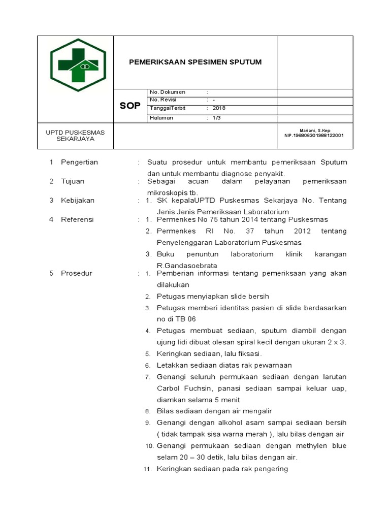 Sop Pemeriksaan Sputum | PDF