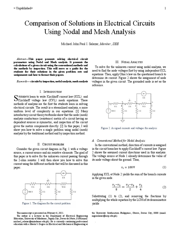 Comparison of Solutions in Electrical Circuits Using Nodal and Mesh Analysis | PDF | Electrical ...