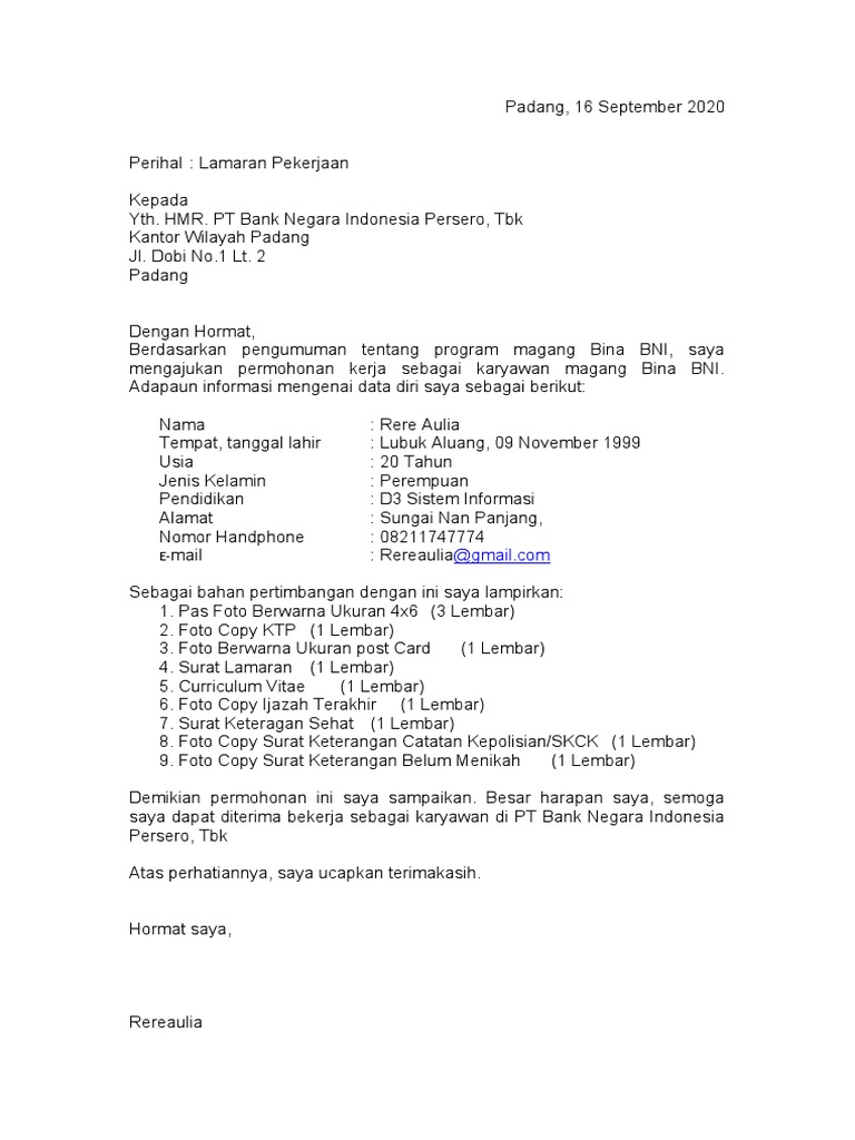 Surat Lamaran Magang Bina BNI | PDF