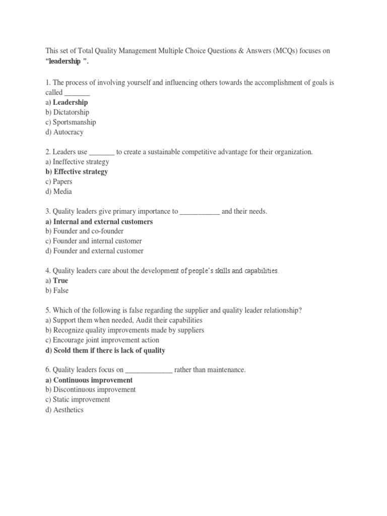 Leadership in Total Quality Management MCQs | PDF | Quality Management ...