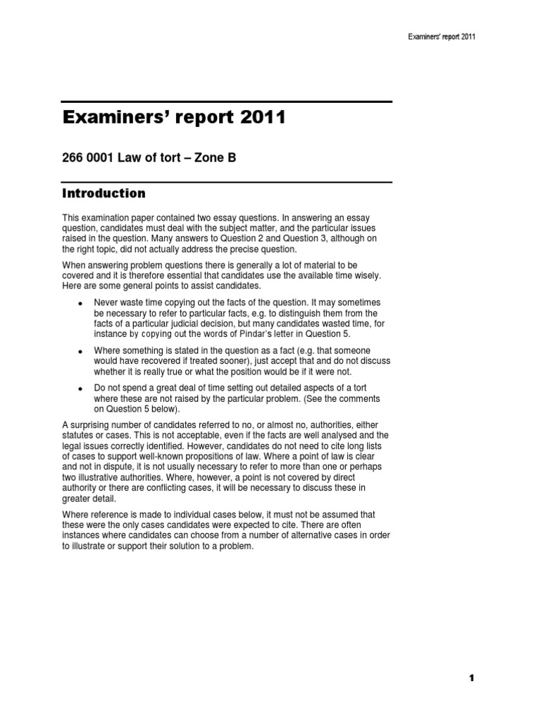 Examiners' Report 2011: 266 0001 Law of Tort - Zone B | PDF ...