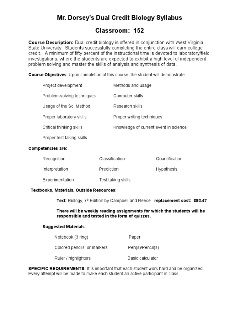 Mr. Dorsey's Dual Credit Biology Syllabus Classroom: 152 | PDF ...