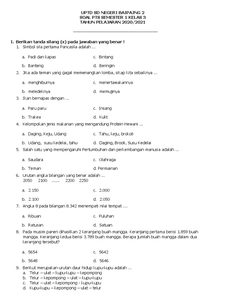 Soal PTS Kelas 3 Tema 1 Sub 1-2 - Reupload Kamimadrasah | PDF