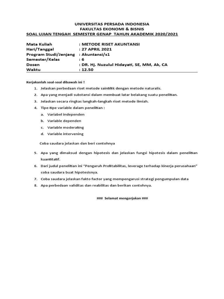 Soal - 175 - UTS METODE RISET AKUNTANSI | PDF