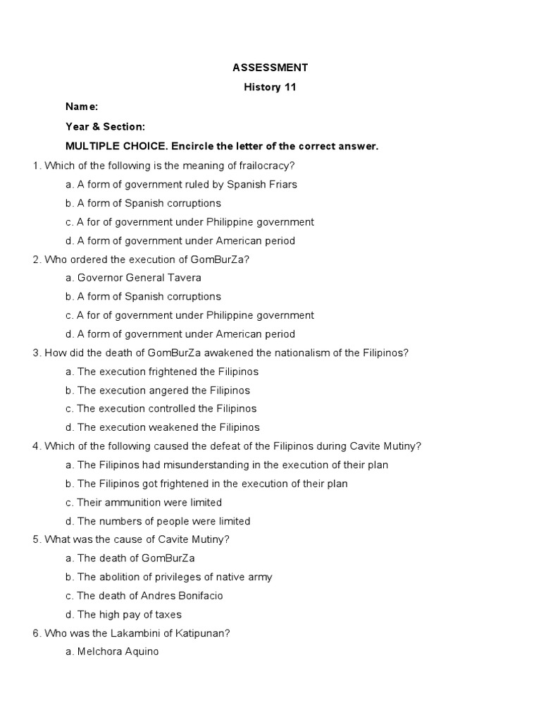 Assessment History 11 Name: Year & Section: MULTIPLE CHOICE. Encircle ...