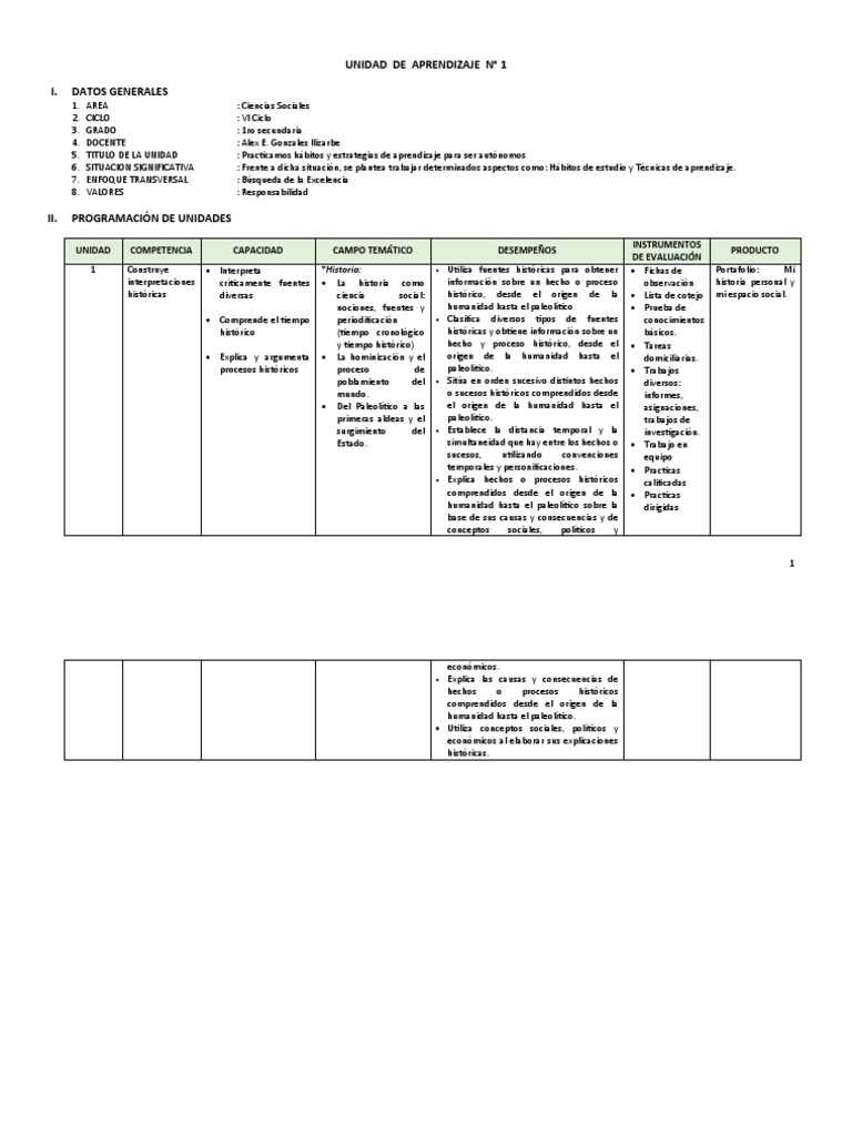 UNIDAD DE APRENDIZAJE DE CCSS - 1ro. | PDF | Evaluación | Aprendizaje