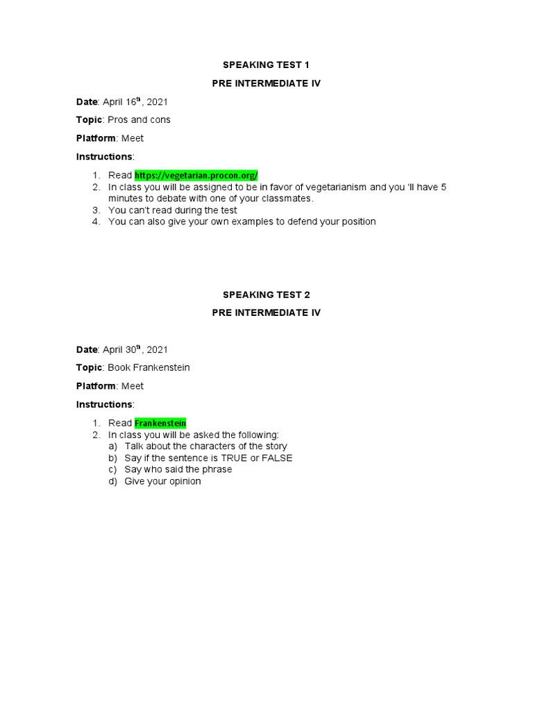 Speaking Test 1 Pre Intermediate Iv Date: April 16 Topic: Pros and Cons ...