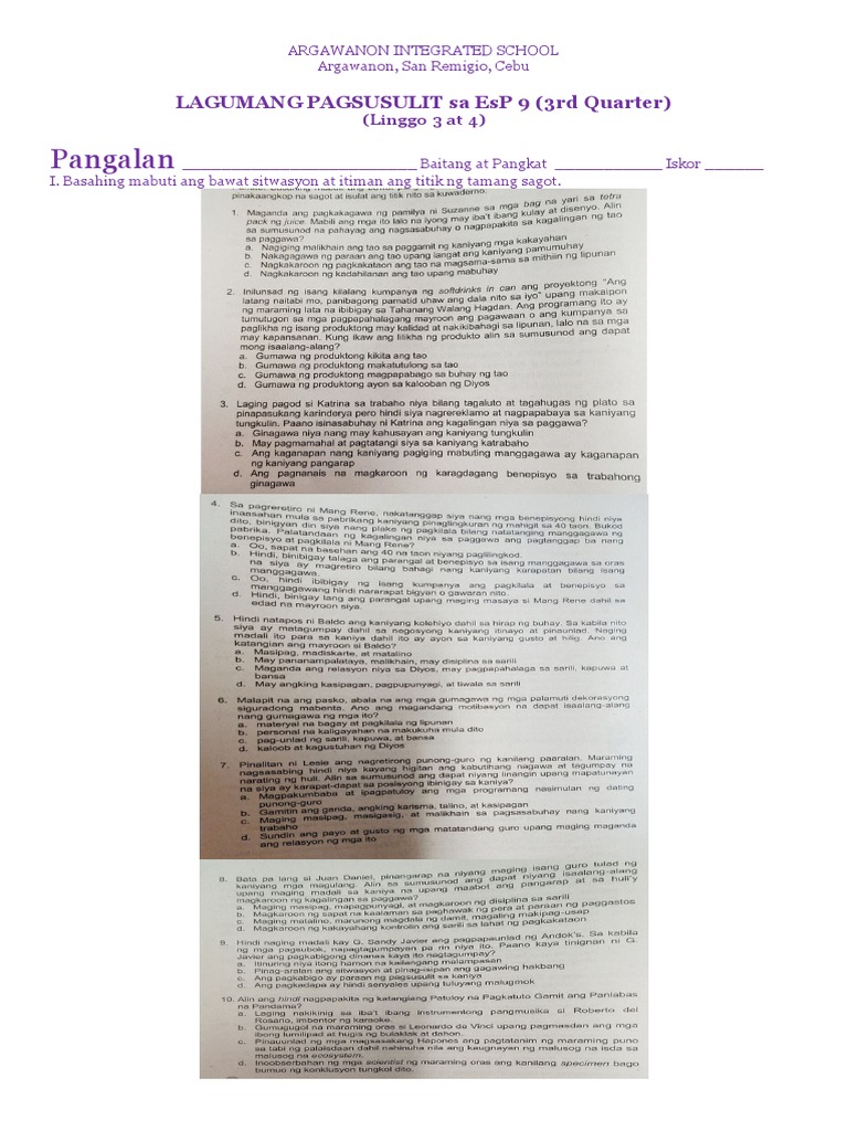 Lagumang Pagsusulit Sa EsP 9 3rd Quarter - Docx Linggo 3 at 4 | PDF