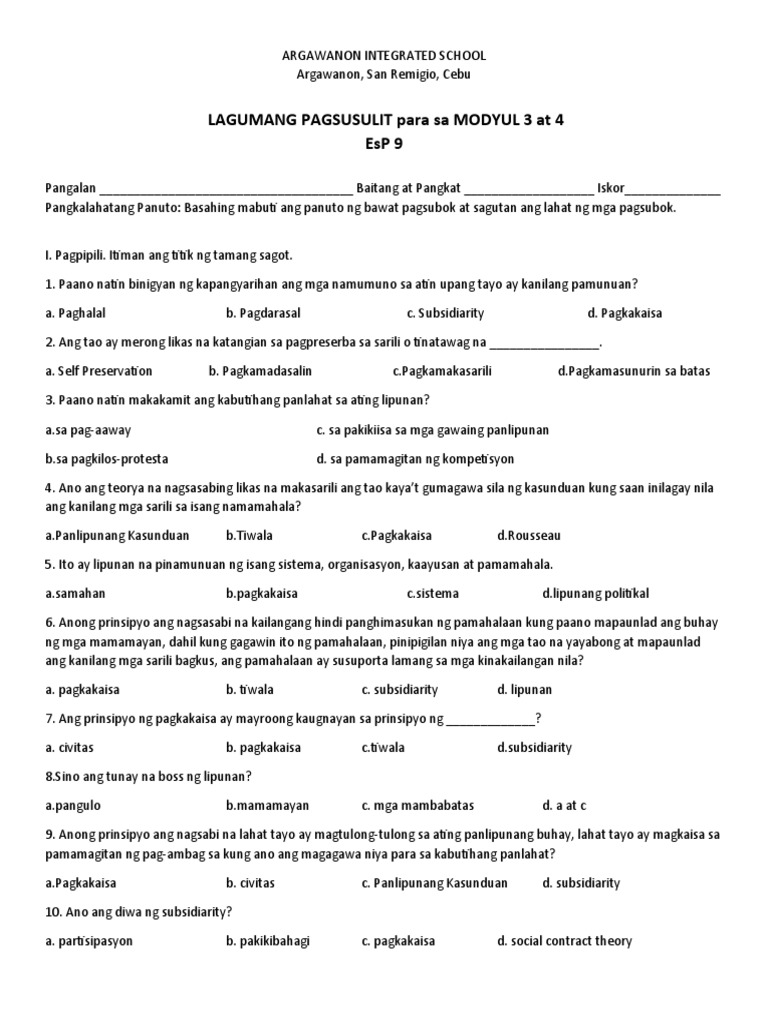 Lagumang Pagsusulit Sa EsP9 Modyul 3 at 4 | PDF