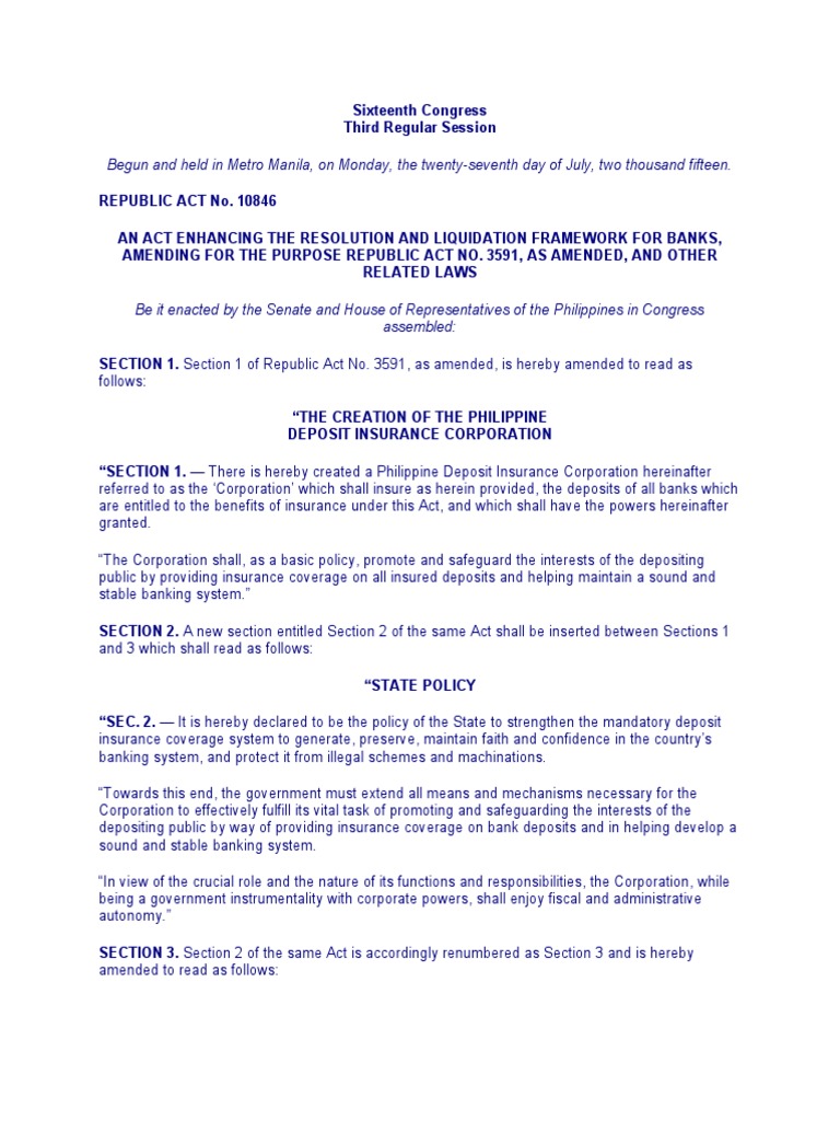 RA 10846-Amending RA 3591 Enhancing The Resolution and Liquidation ...