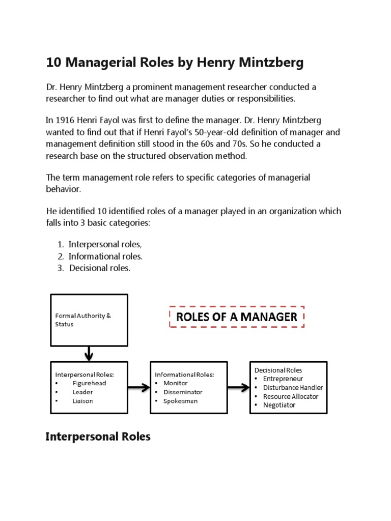 10 Managerial Roles by Henry Mintzberg | PDF | Interpersonal ...