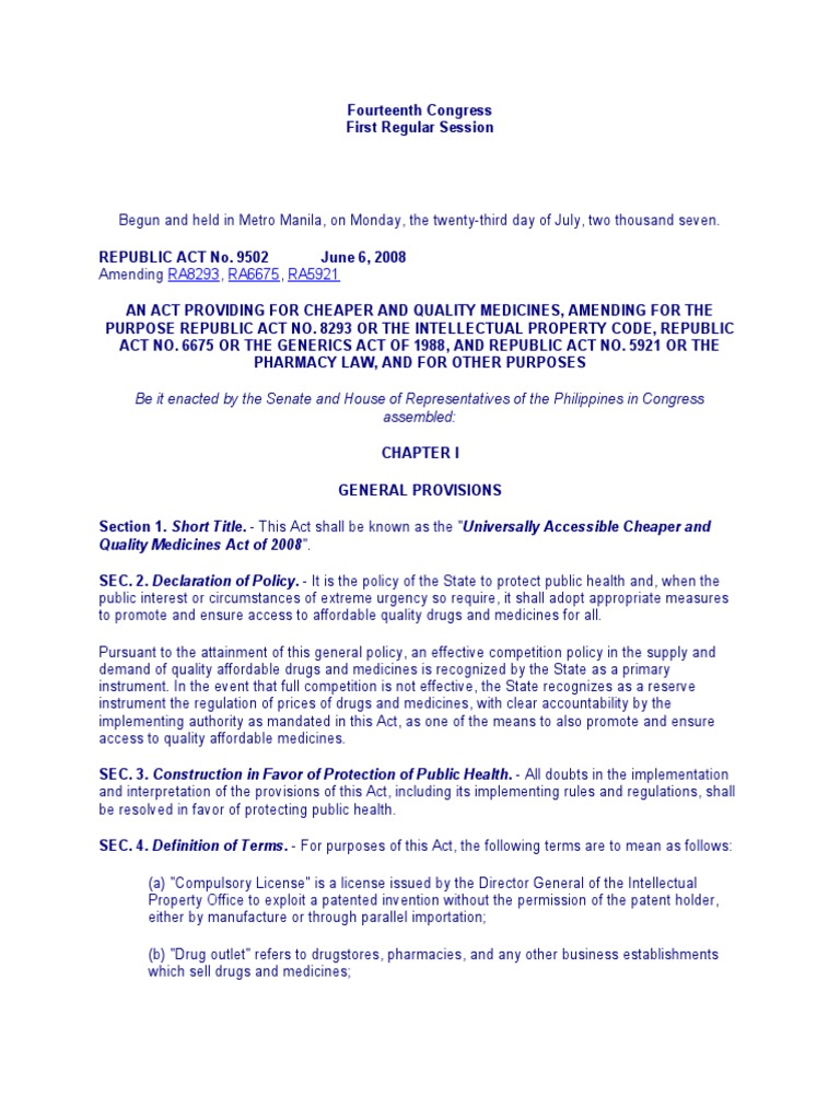 RA 9502-Amending RA 8293, RA 6675 & RA 5921-Cheaper Medicines Act (2008 ...