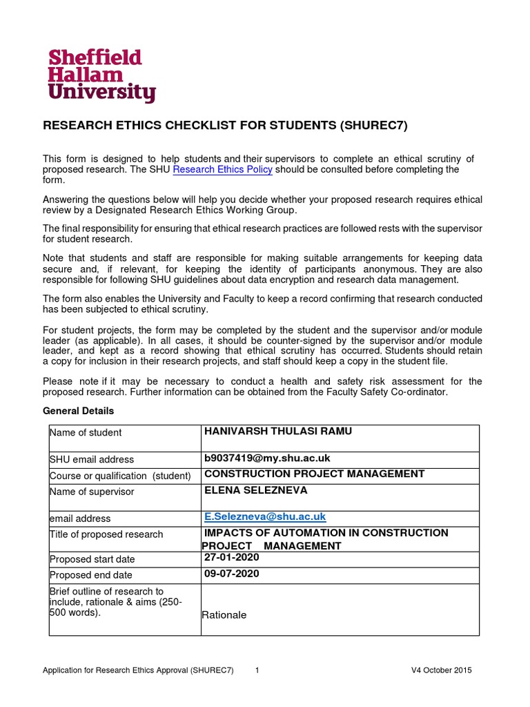 Research Ethics Checklist For Students (Shurec7) | PDF | Survey ...